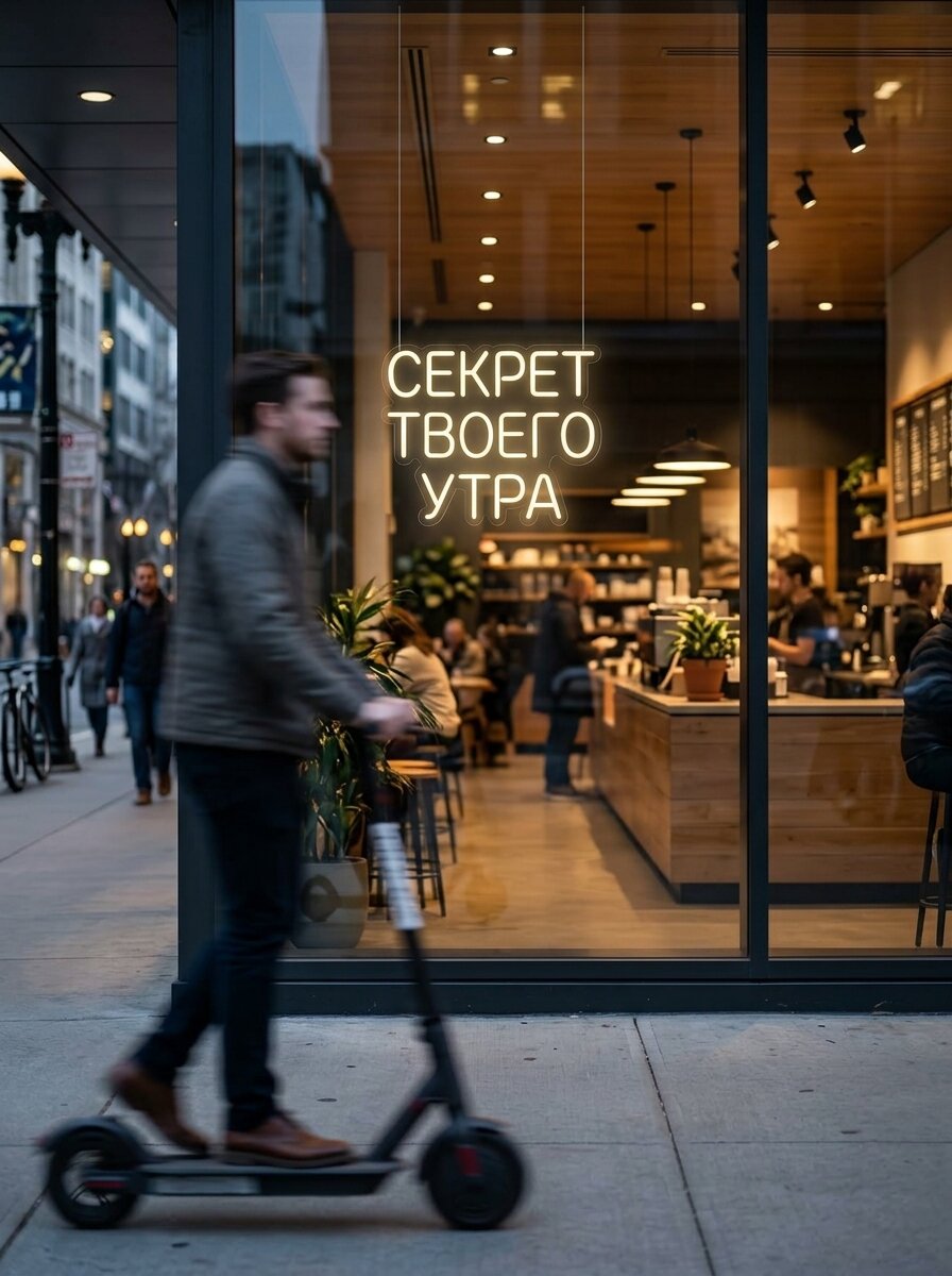 Неоновая вывеска "Секрет твоего утра" 45х45см, неоновая надпись, LED светильник для кофейни