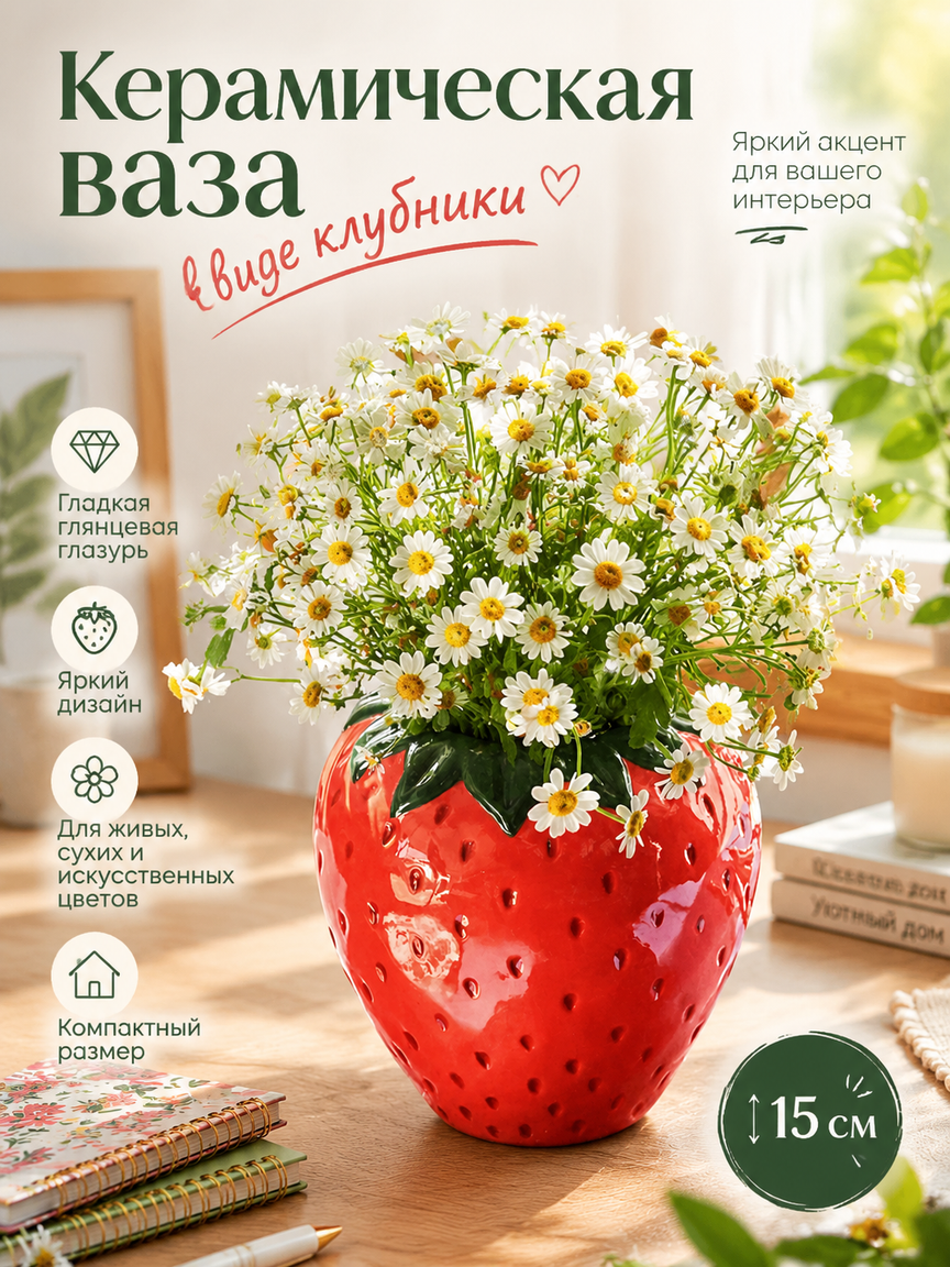 Керамическая ваза в виде клубники, 15 см, красная, настольная, для цветов и декора