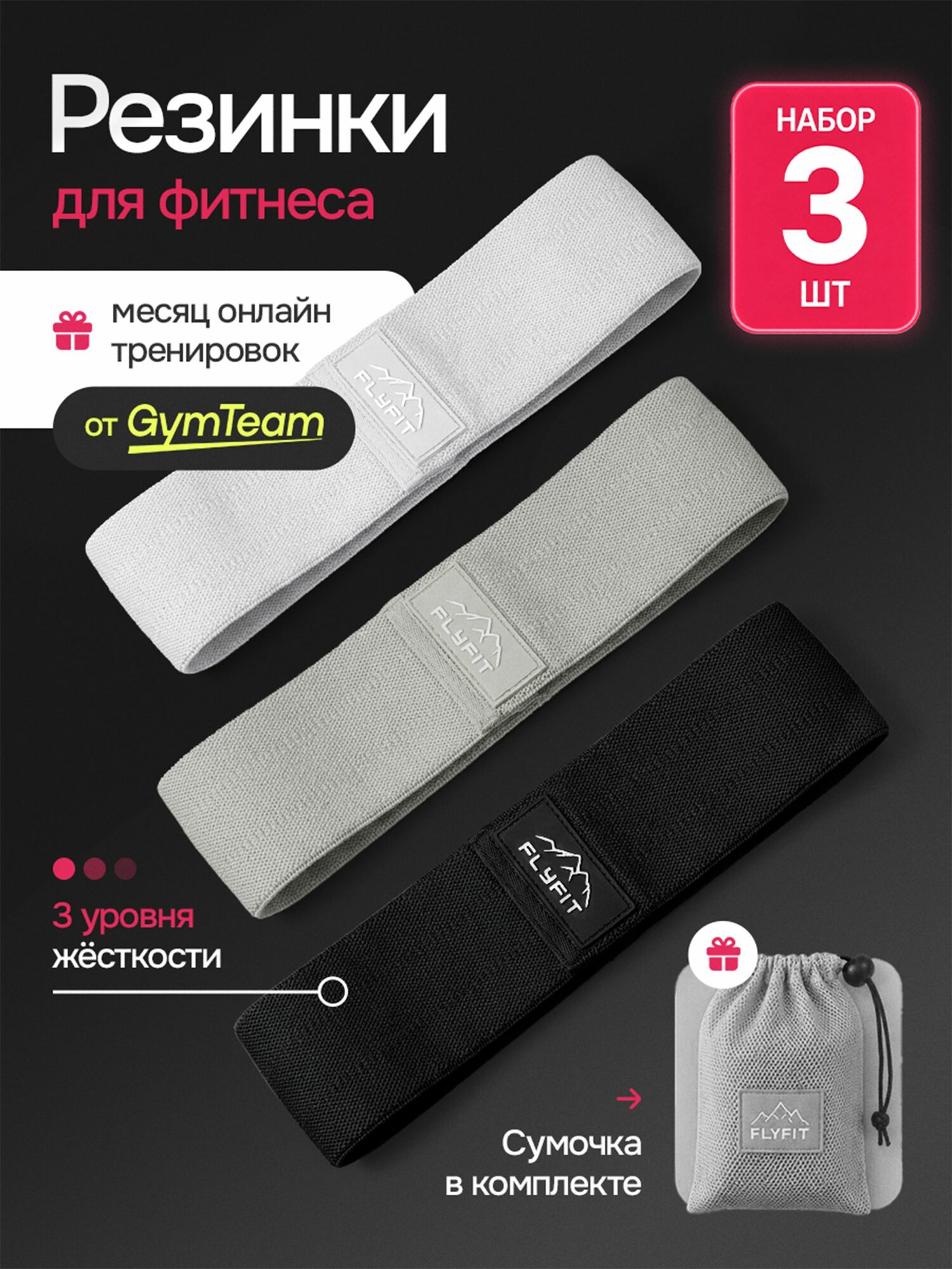 Резинки для фитнеса тканевые набор 3шт / Ленточный эспандер для ног и ягодиц / Фитнес резинка латексная для спорта