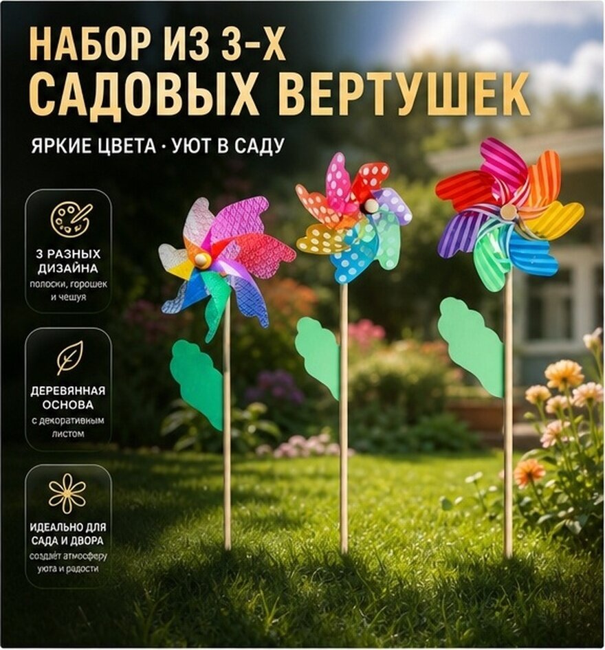 3 Штуки Цветные Ветряные Мельницы Для Сада И Лужайки Уличные Украшения 76.00X32.00X32.00Cm