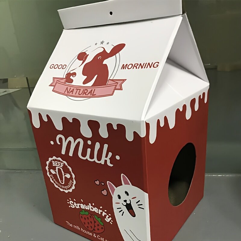 Картонный домик-когтеточка для кошек DIY с дизайном молока и клубники, зелёный кот удачи, многоразовый, до 15 фунтов, 12.99x12.2x21.65 дюйма, красный