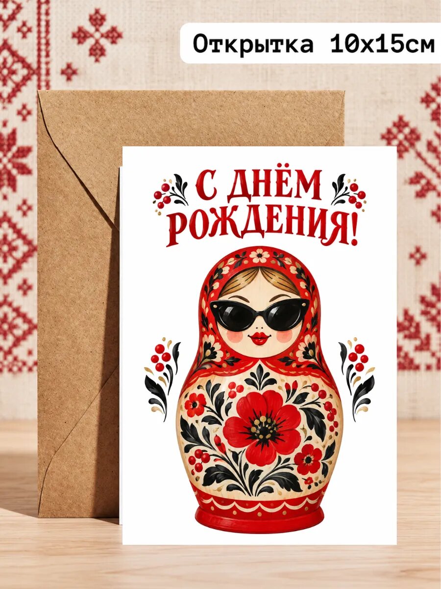 Открытка в русском стиле Матрешка с днем рождения А6 10х15