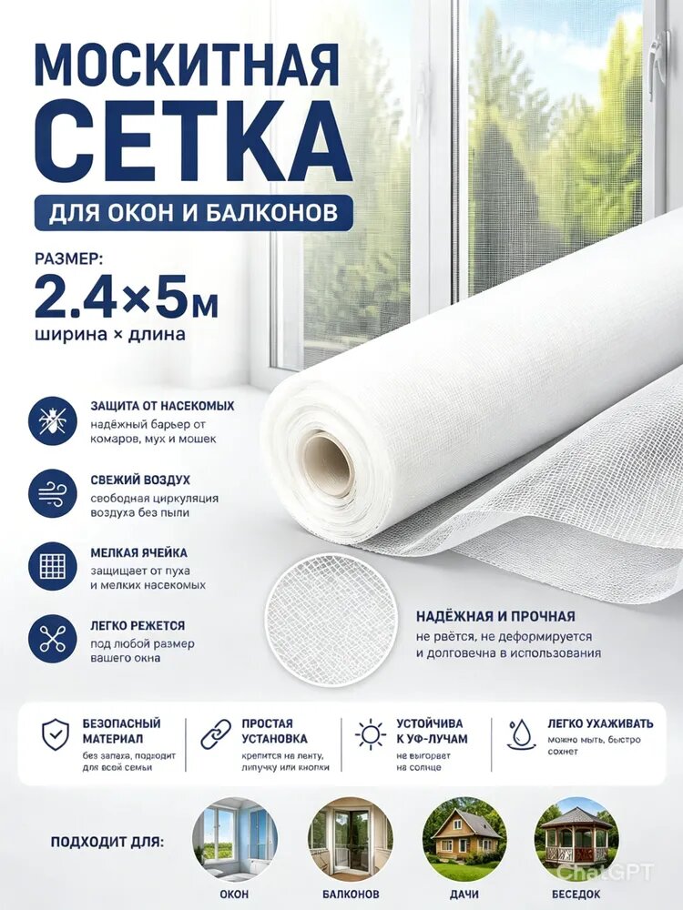 Москитная сетка на окно, 2.4x5m, противомоскитная сетка от комаров и мух, белая