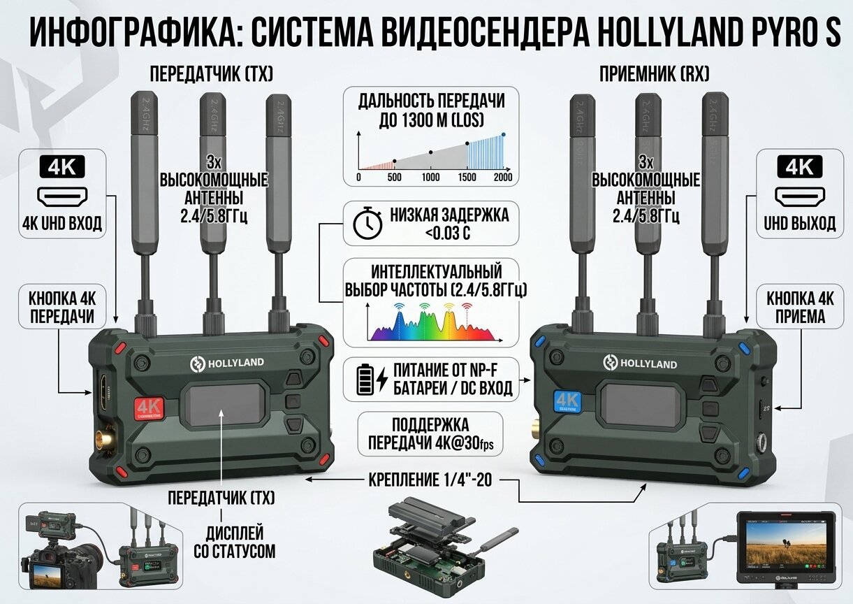 Видеосендер Hollyland Pyro S RX + TX 2.4G + 5G BNC (3G-SDI) HDMI 1.4b RTMP