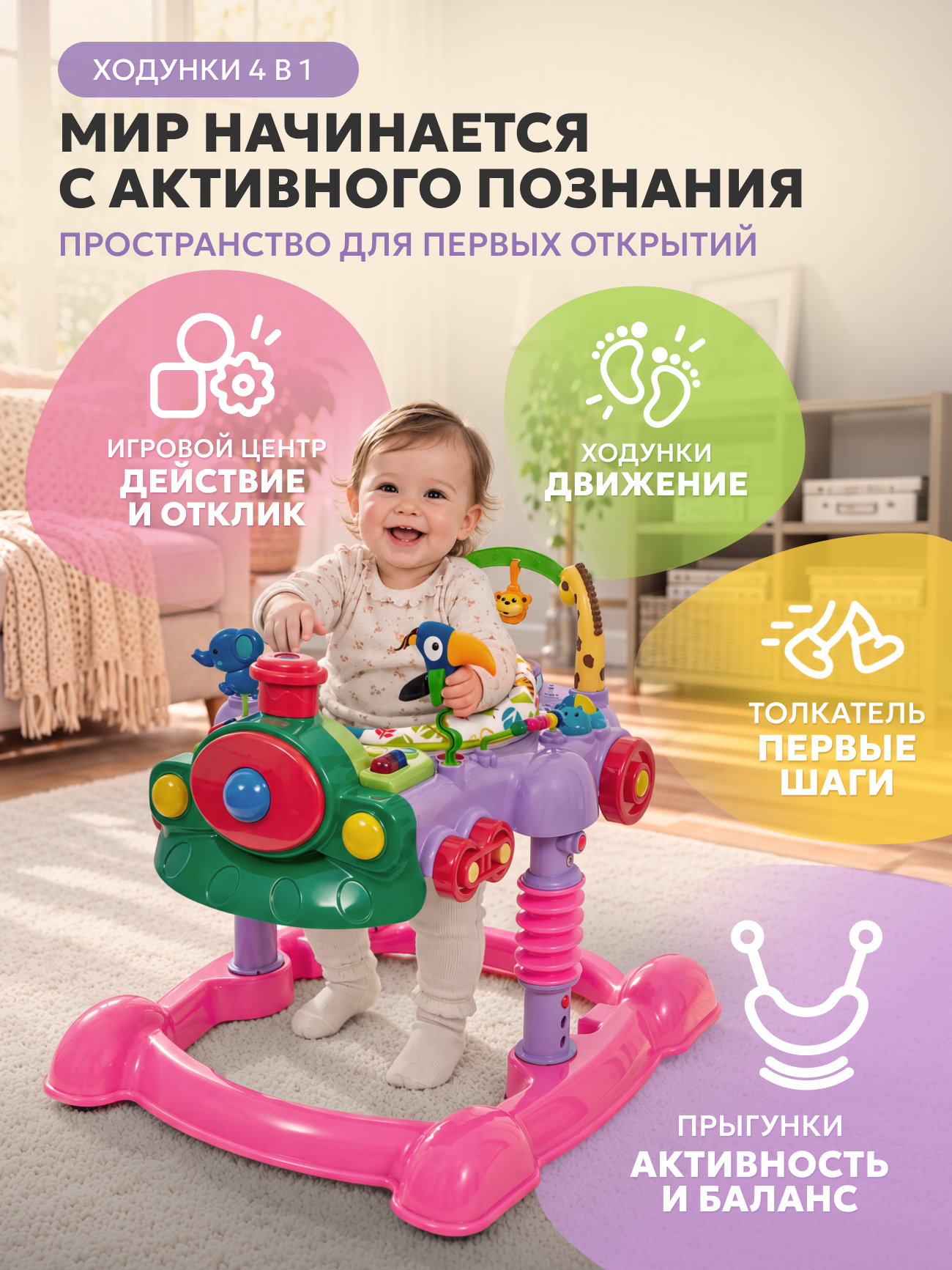 Ходунки-прыгунки Nuovita Treno 4 в 1: ходунки, прыгунки, игровой центр, толкатель (Rosa/Розовый)