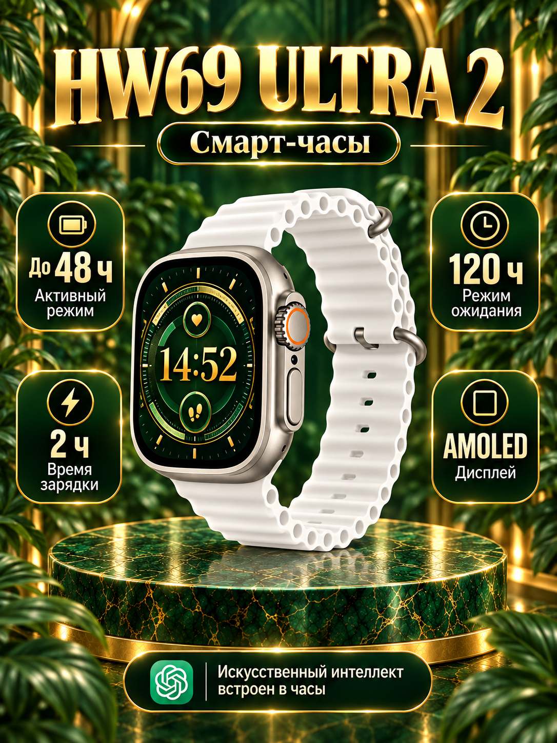 Cмарт часы HW69 ULTRA 2 PREMIUM Series Smart Watch AMOLED, iOS, Android, ChatGPT, Bluetooth звонки, Cеребристый