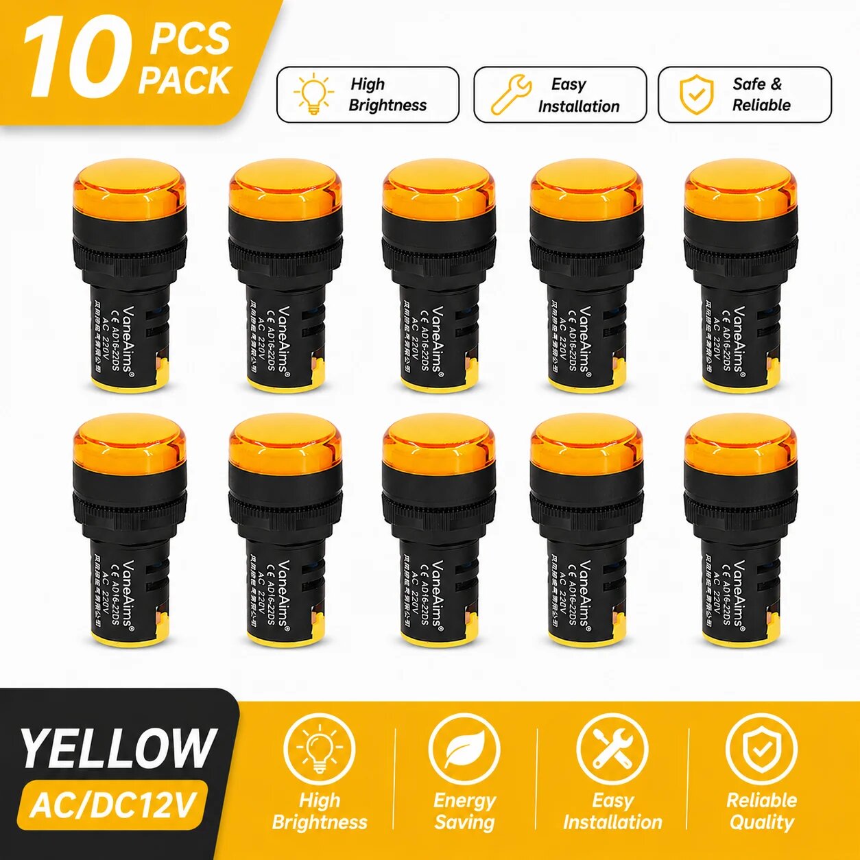Индикаторы Yellow LED-12v 10 AD16-22DS 12В 24В 220В 10 шт.