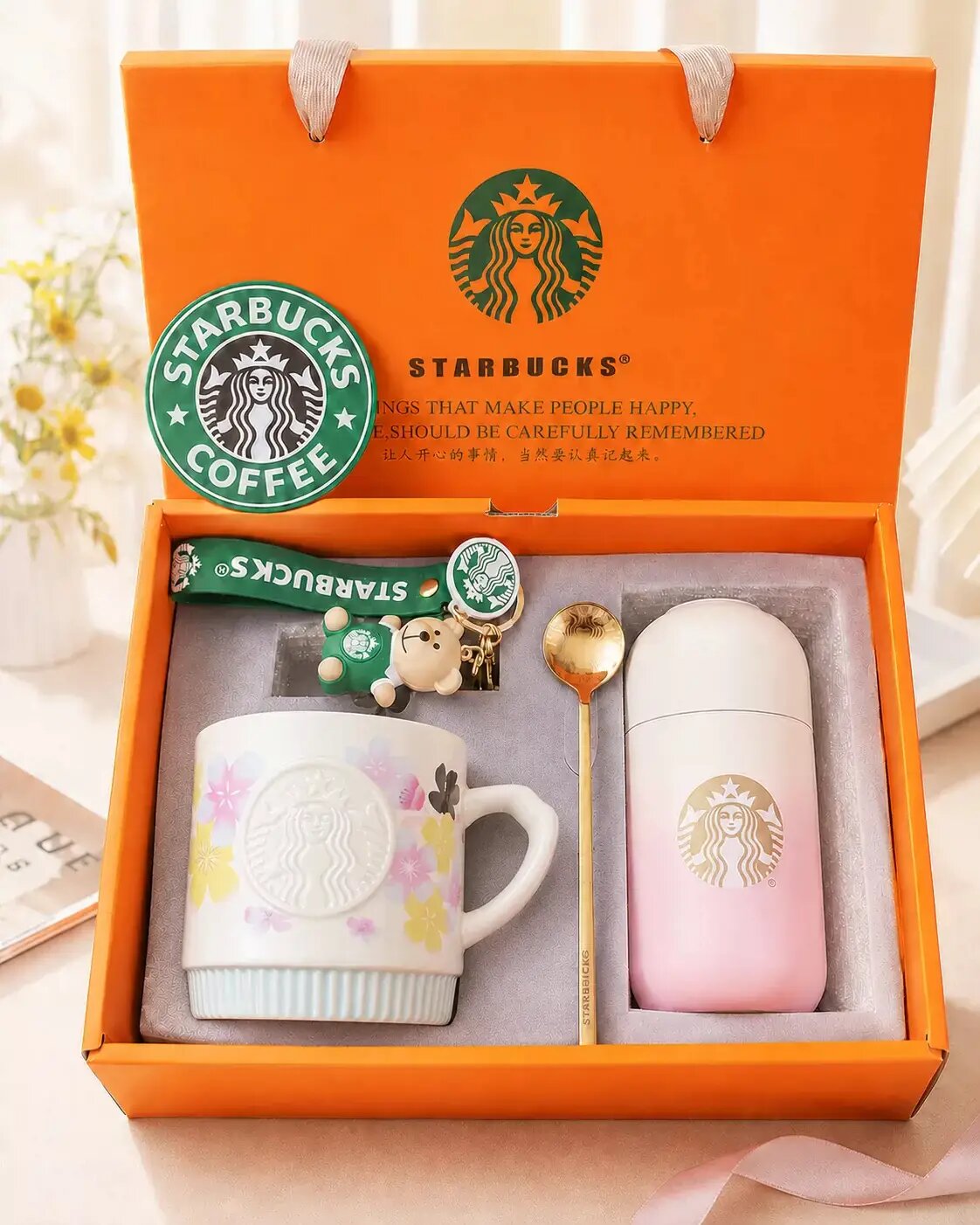 Подарочный набор Starbucks в коробке: кружка, термостакан, ложка, подставка под чашку и брелок, 300-400ml