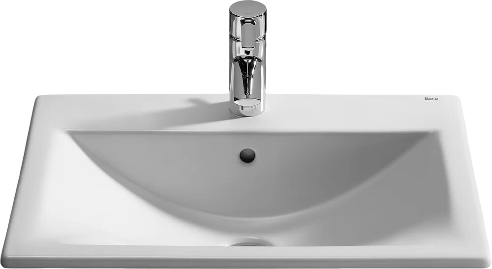 Раковина встраиваемая сверху Roca Diverta 32711600Y 55 полувстраиваемая, фарфоровая, раковина для ванной, белая, прямоугольная, со встроенным сливом-переливом