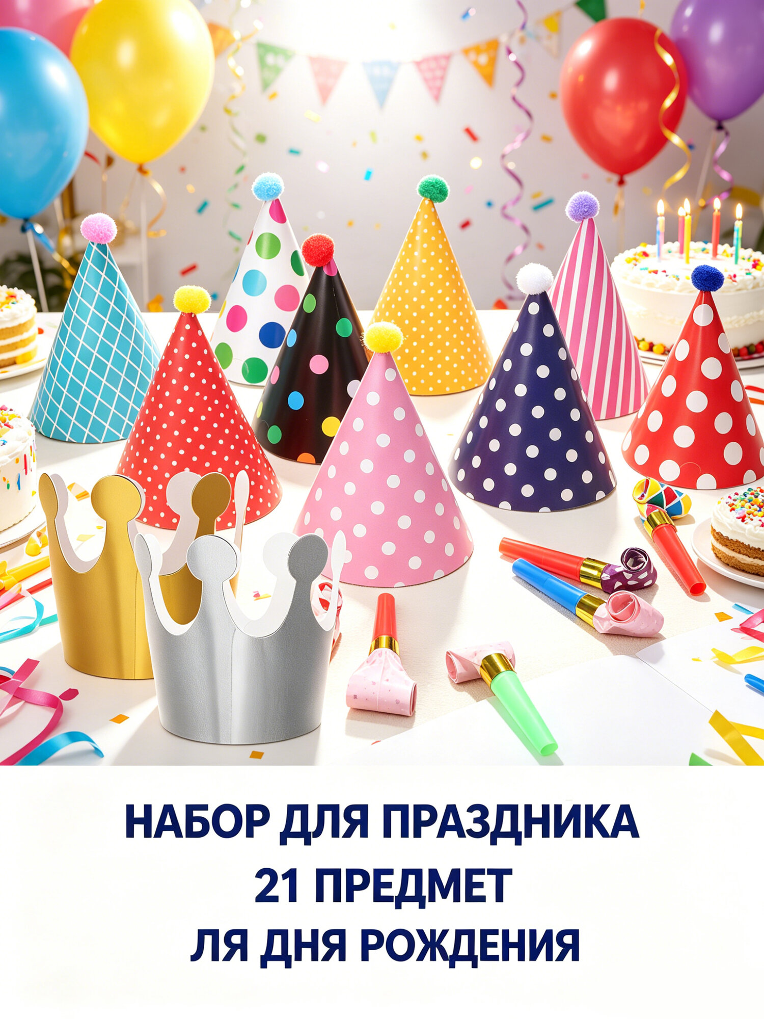 Праздничный набор цветных бумажных колпаков, корон и музыкальных дудок для праздника