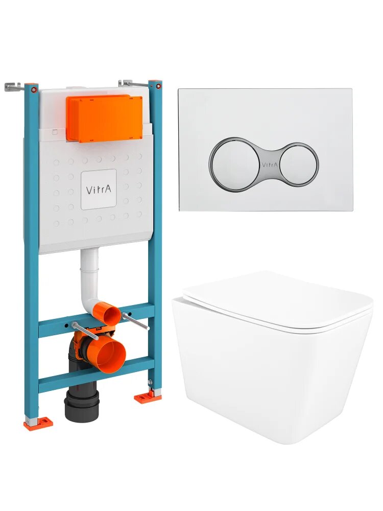 Комплект 5 в 1: Инсталляция VitrA Ви-Фикс Кор (V-Fix Core) 732-5800-01 / Унитаз подвесной STWORKI Молде S23401WH / Сиденье с микролифтом, Кнопка Сириус (Sirius) 740-0480, глянцевый хром, Комплект креплений