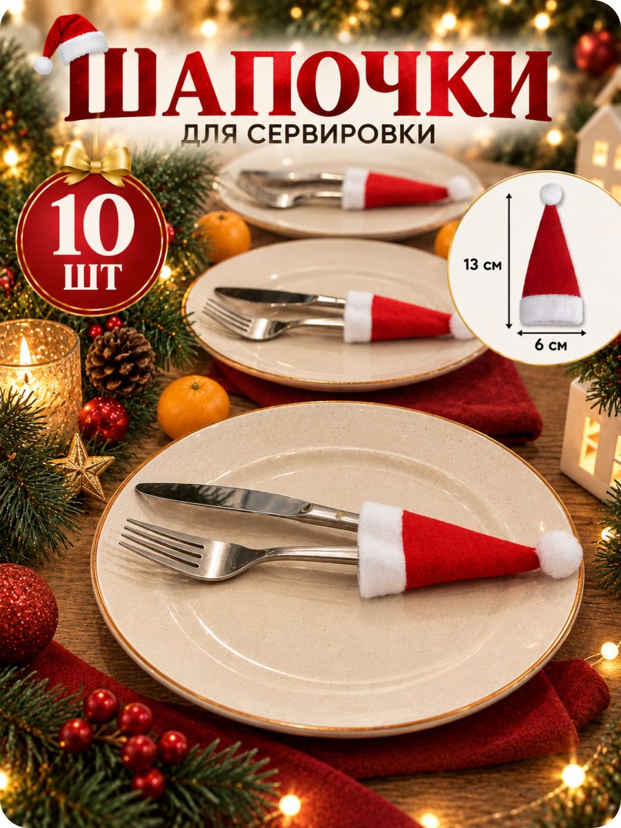 Рождественский колпачок для сервировки / Новогоднее украшение для столовых приборов