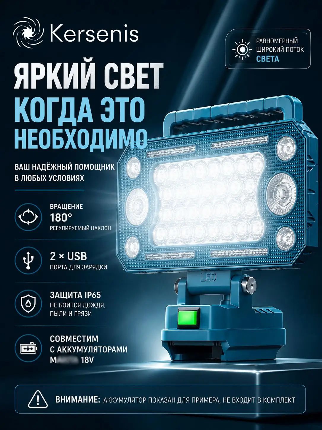 KERSENIS Фонарь под аккумулятор M*kit*, LED-прожектор 8 дюймов, 3 режима, красно-синий сигнал, USB