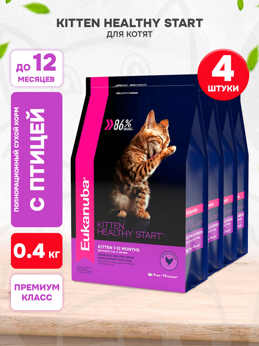 Корм сухой Eukanuba Kitten Healthy Start для котят, птица, 400 г 4 шт