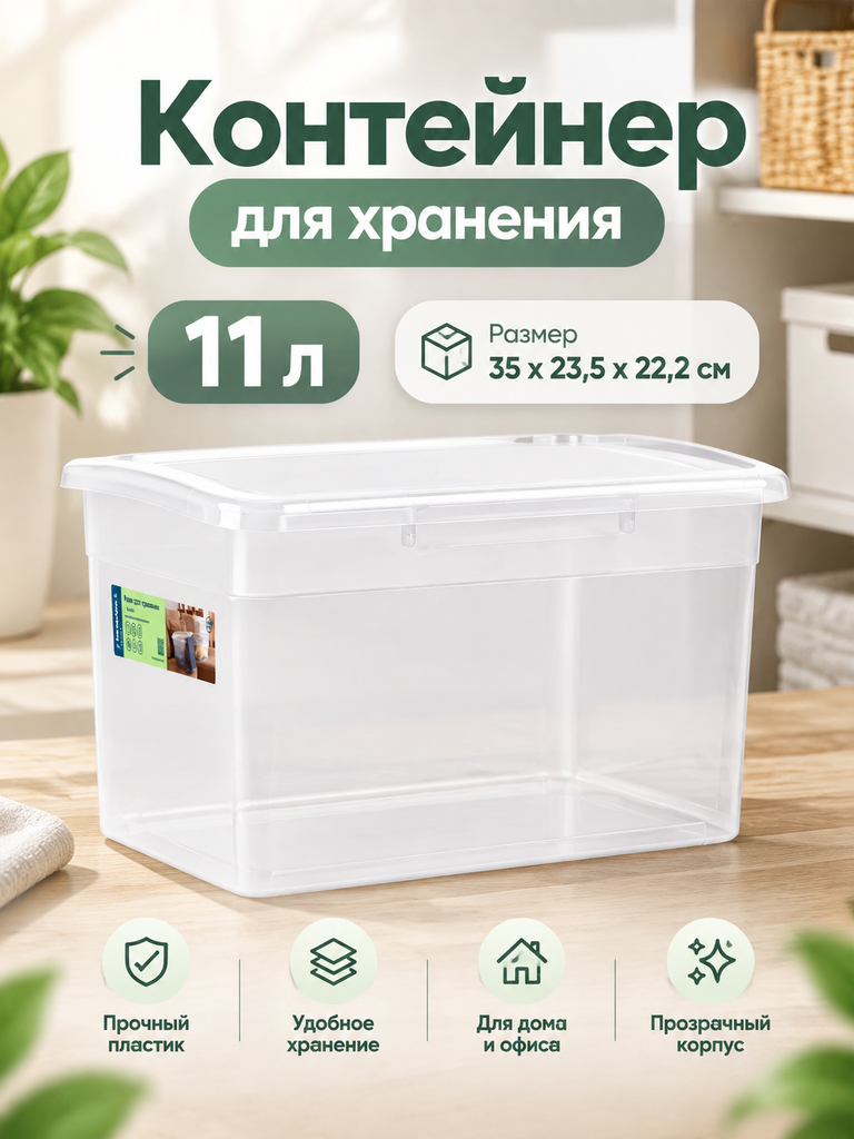 Ящик-контейнер для хранения с крышкой, прозрачный, пластик, 11л 35*23.5*22.2см