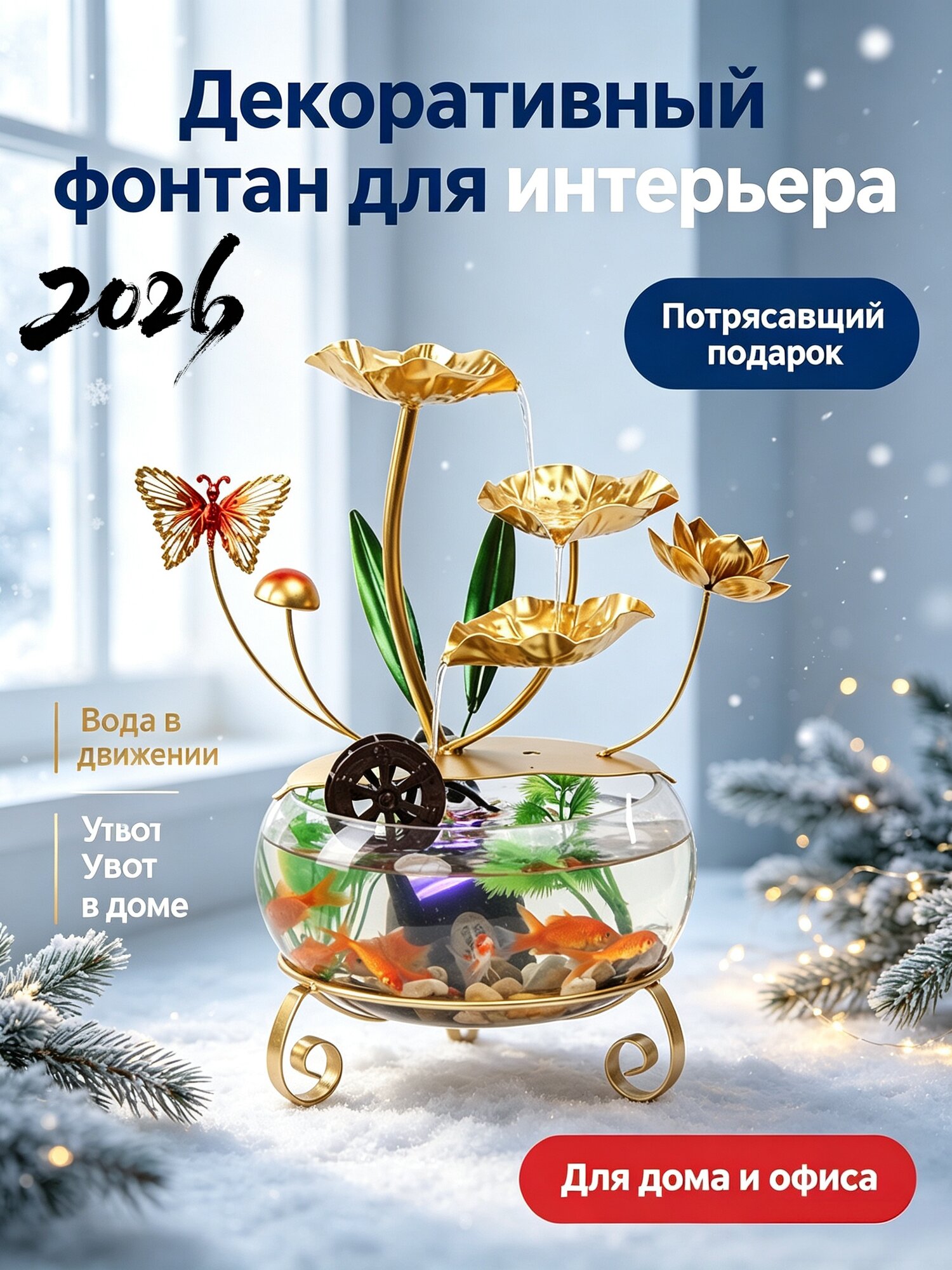 Аквариум，Настольный фонтан с водой, стеклянный аквариум, Разноцветные огни，20*20*32CM