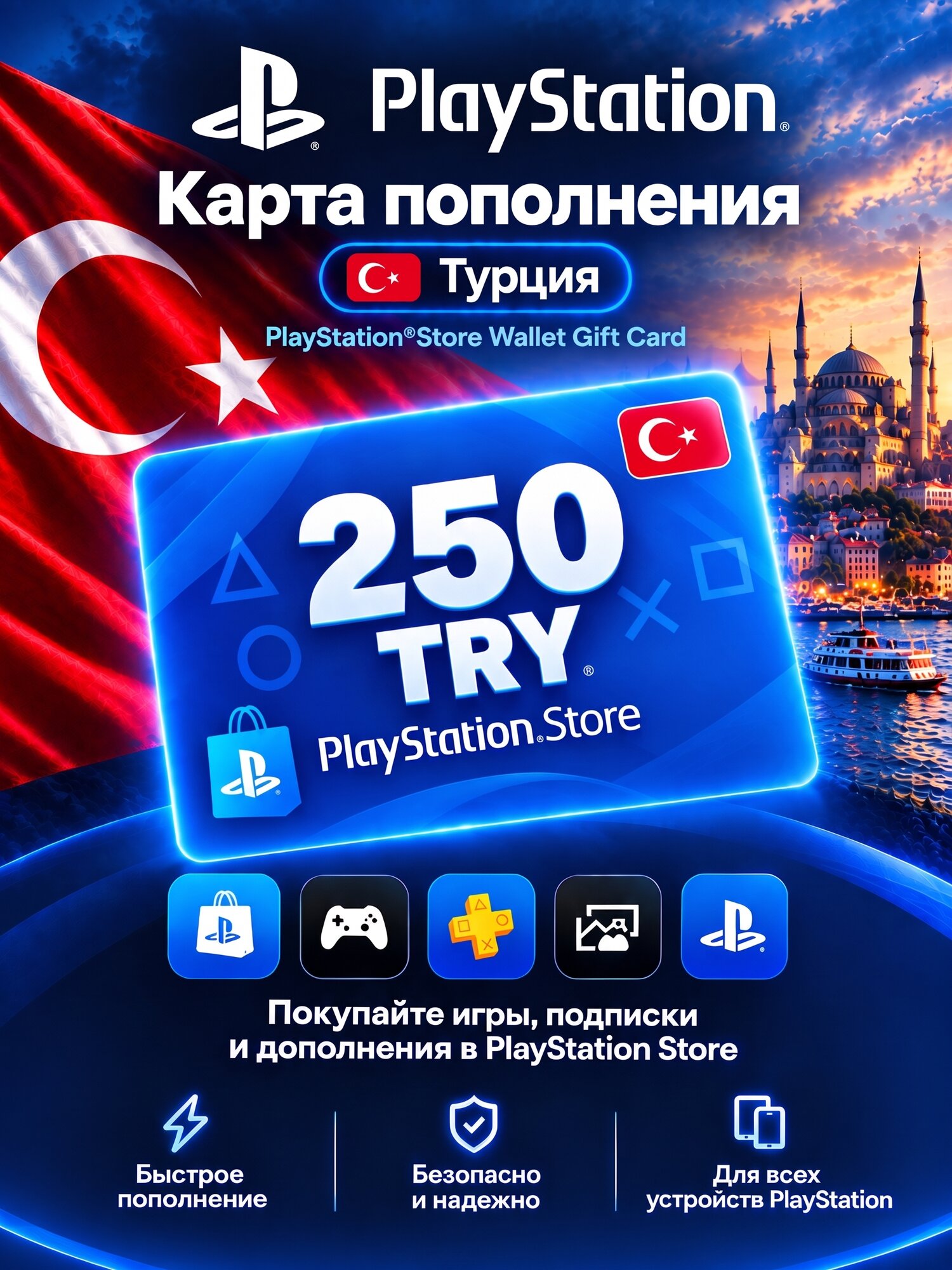 Карта пополнения PlayStation Store 250 TRL / Турция / Цифровой код, пополнение счета