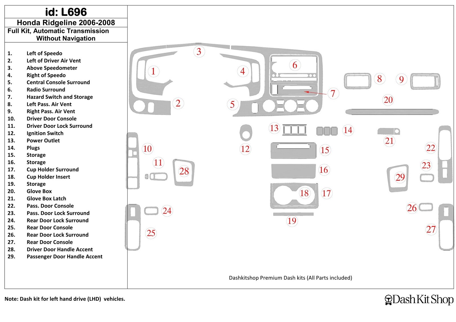 Декоративные накладки салона для Honda Ridgeline 2006-2008. Комплект L696.