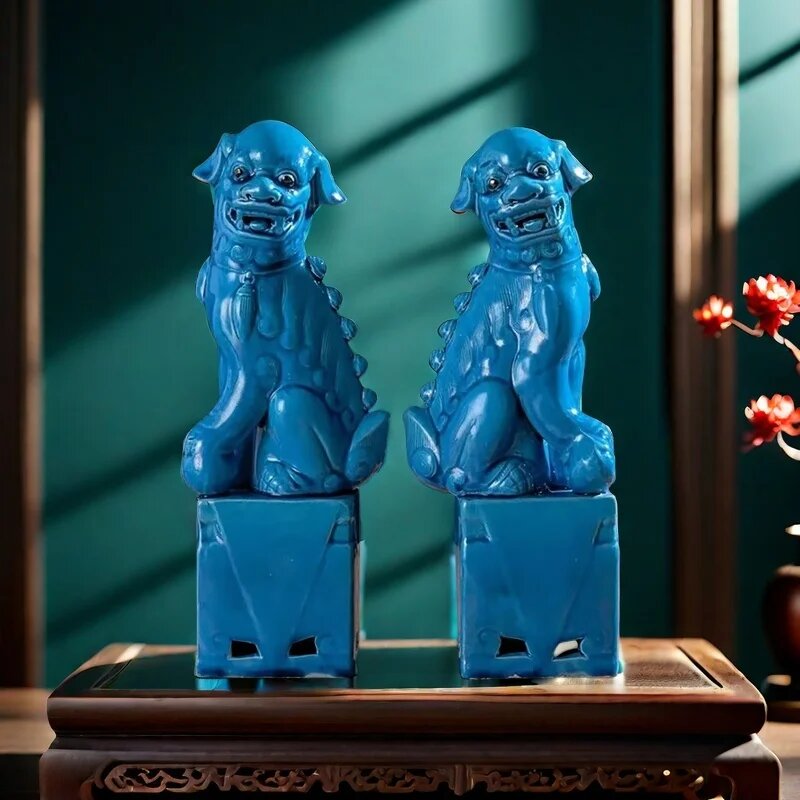 Декор в китайском стиле, 1 пара, синяя статуя льва Foo Fu Dog Guardion для настольных автомобильных украшений, китайская керамика Цзиндэчжэнь, фарфор