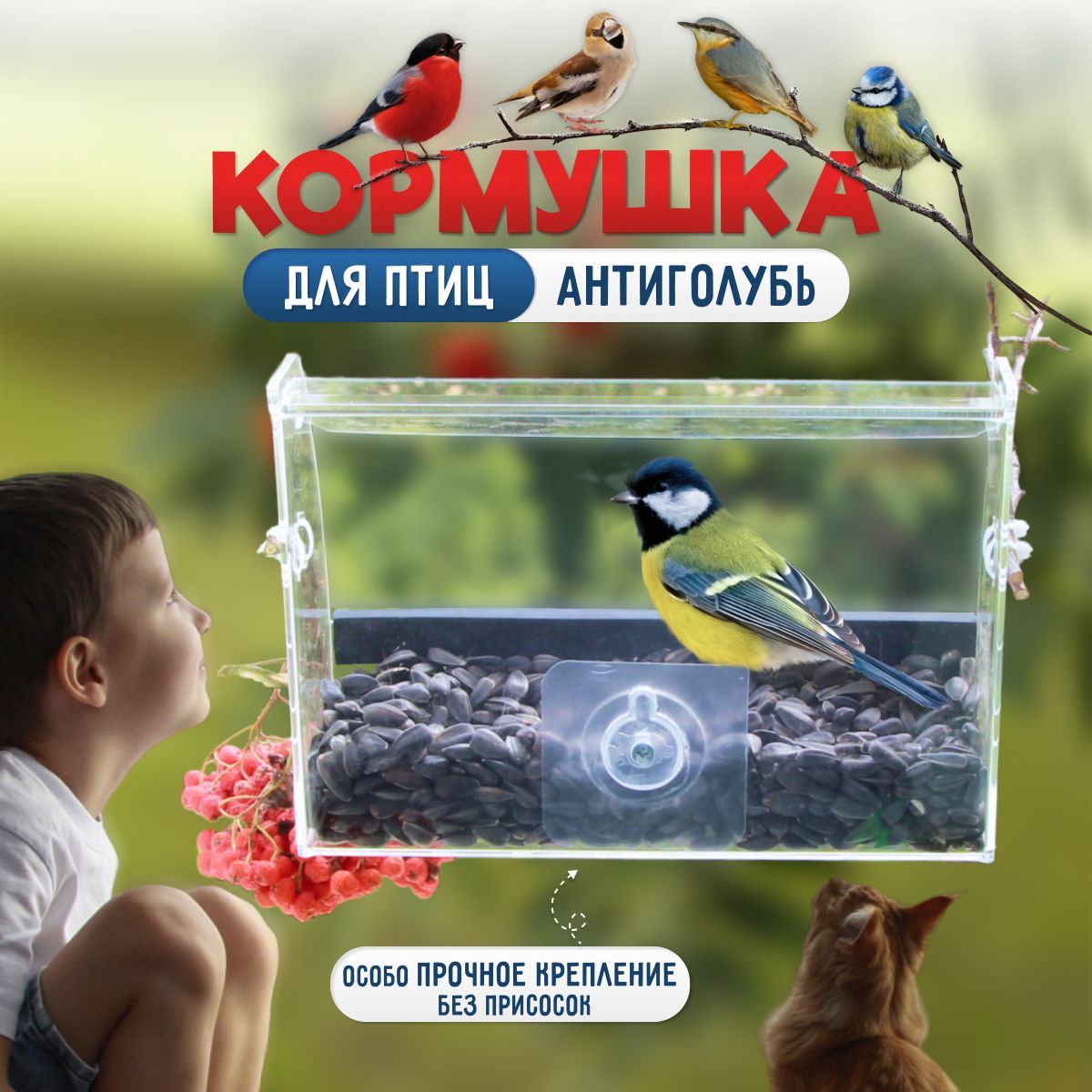 Прозрачная кормушка для птиц на окно Антиголубь