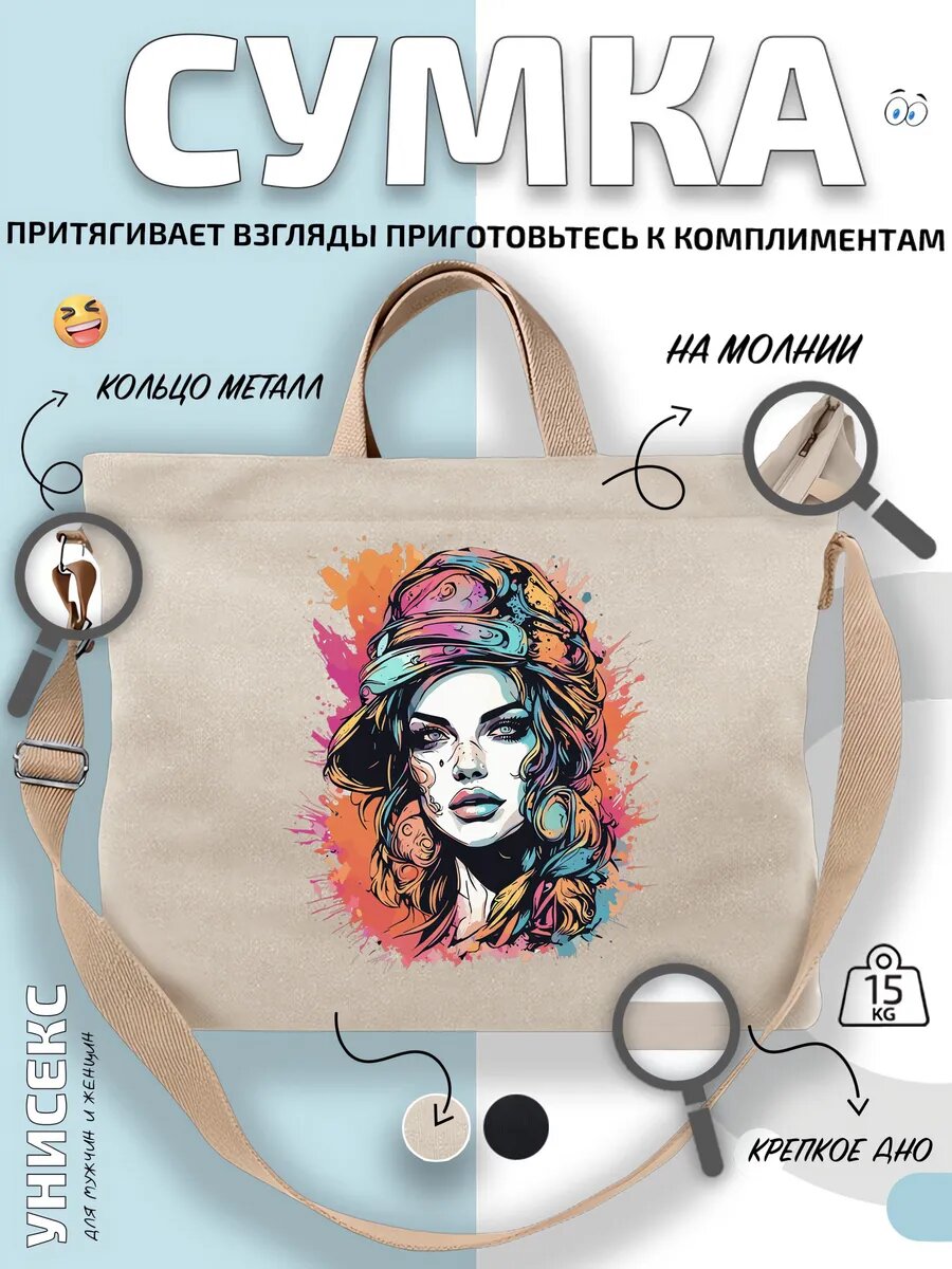 Сумка шоппер  Девушка арт с серьгами и шляпой