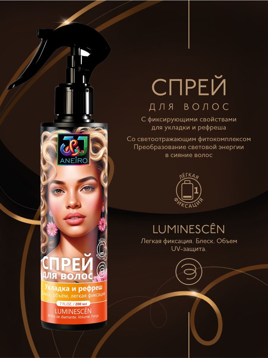 J&J ANEIRO Спрей для волос LUMINESCEN c фиксирующими свойствами для укладки, рефреша, блеска, объема, силы, подходит для кудрявых волос