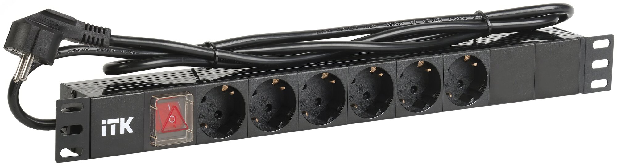Блок розеток (PDU) 6 розеток DIN49440 с LED выключателем 1U шнур 2м вилка DIN49441 профиль из ПВХ черный (нем. станд)
