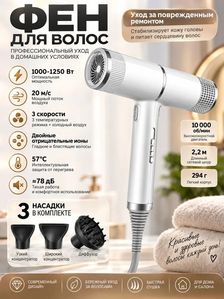 Фен для волос IQ Perfetto 1250 Вт, скоростей 3, кол-во насадок 1, белый