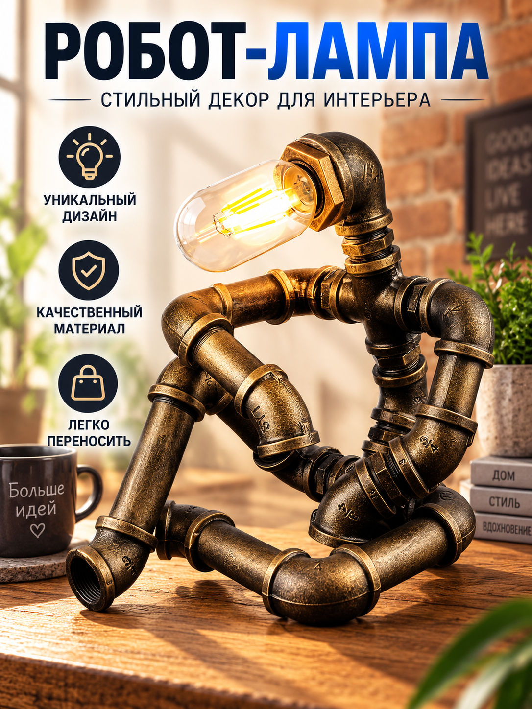 Робот-лампа настольная из труб, стильный декоративный светильник, легко переносится, украшение для комнаты