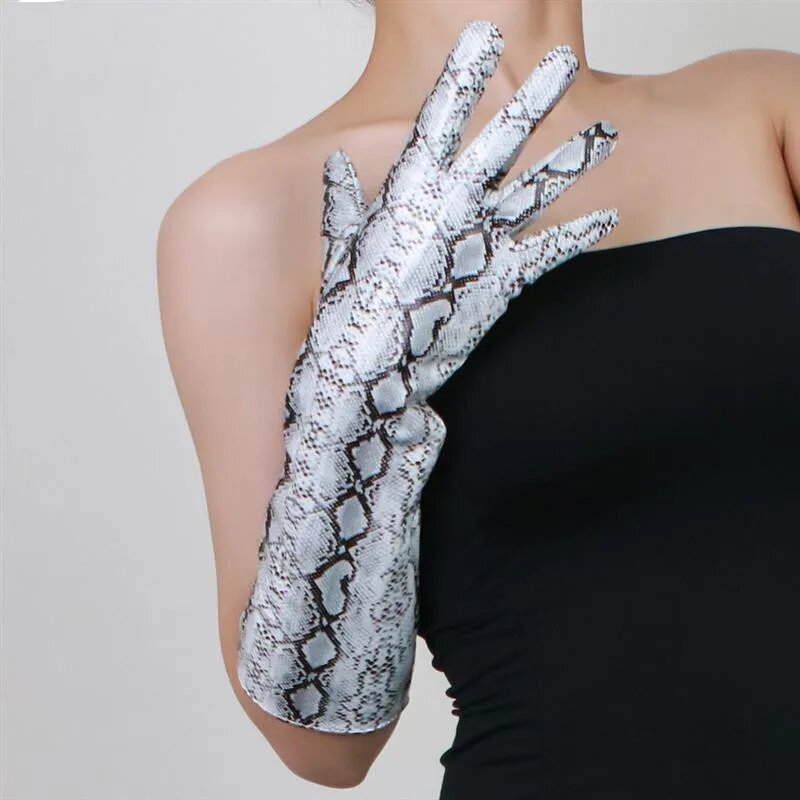 Женские латексные перчатки из лакированной кожи, длиной 40 см Черный, white snakeskin