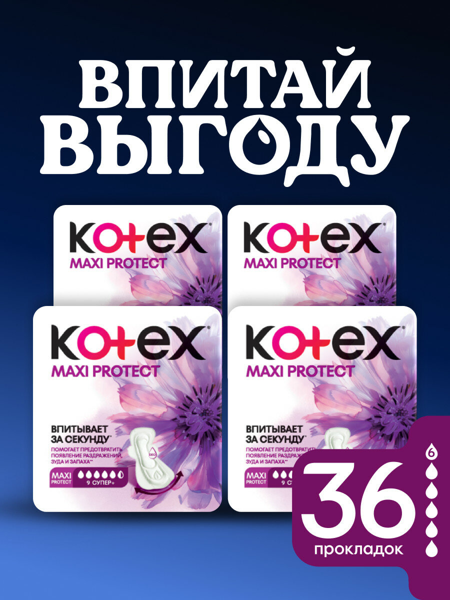 Прокладки Kotex Maxi Protect Супер+ гигиенические для женщин, 36 шт