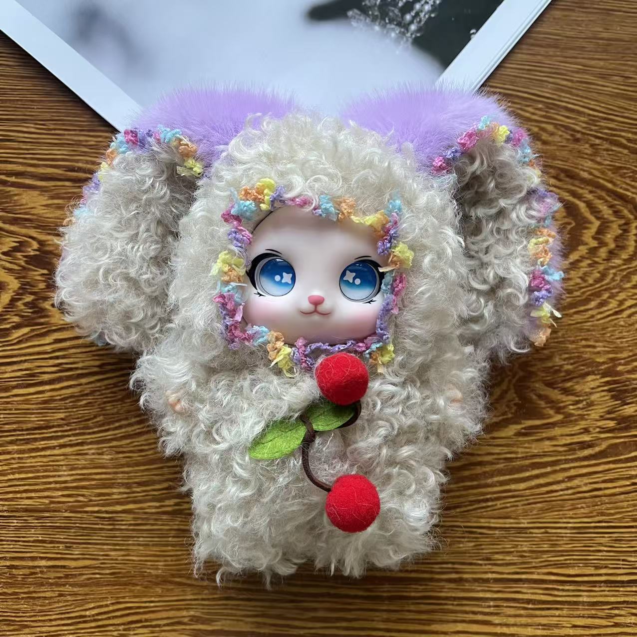 Мягкая плюшевая игрушка кукла с кудрявыми волосами и длинными ушами, автоподвеска 18 см, бежево-фиолетовая