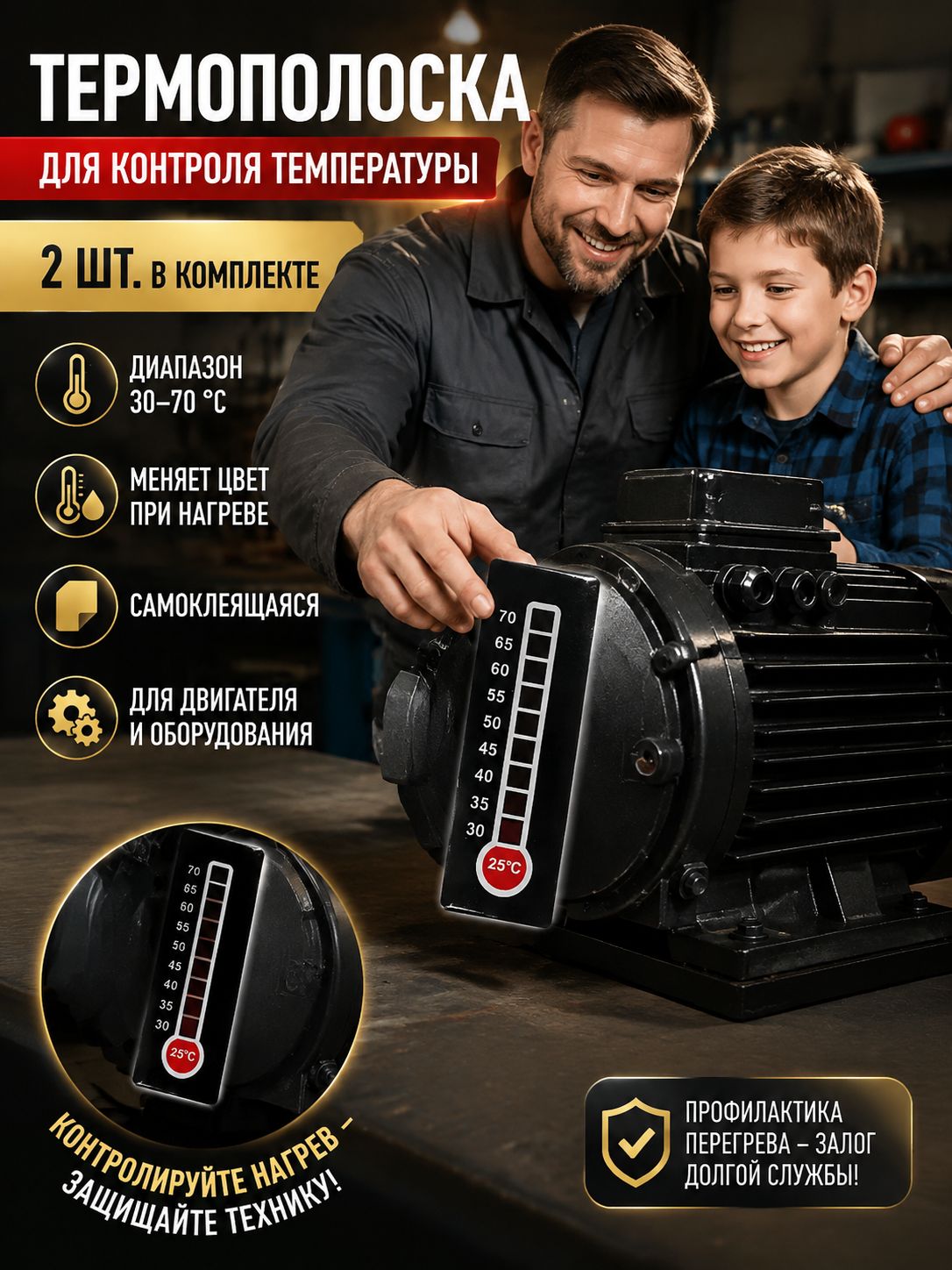 Самоклеящаяся термополоска (термоиндикатор) 25-70 С, обратимая многоразовая, 10 делений, набор 2 шт, наклейка для контроля температуры оборудования