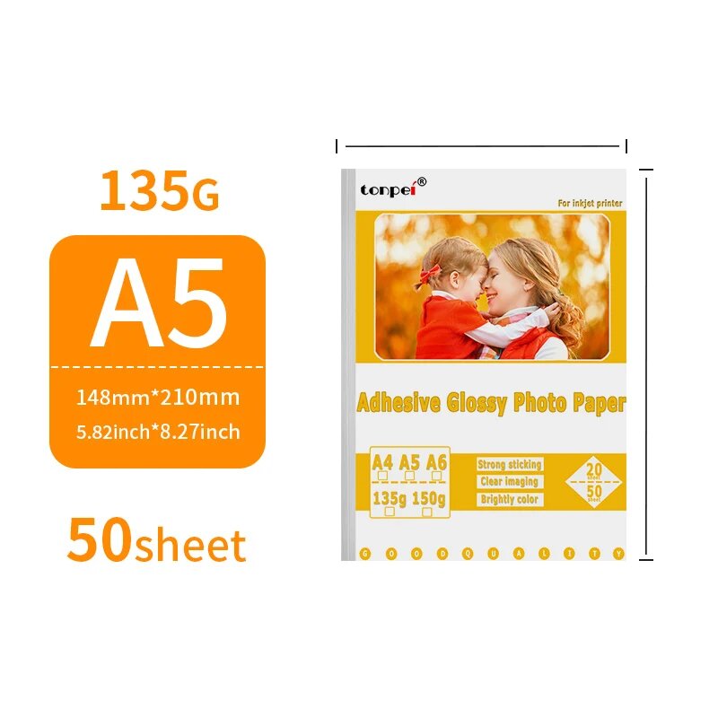 Самоклеящаяся глянцевая фотобумага Tonpei для струйных принтеров A5 135g 50sheets