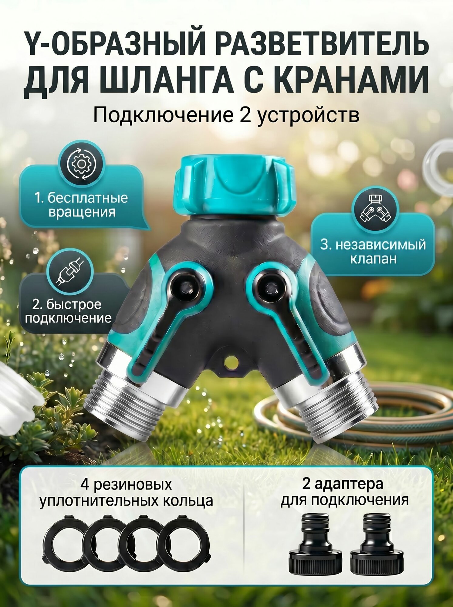 Разветвитель для шланга двухканальный 3/4, пластиковый, с кранами, для уличного крана и полива