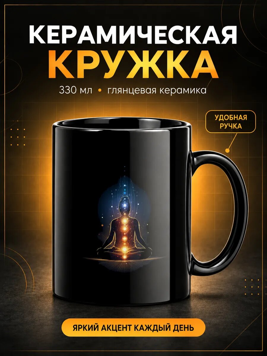 Кружка керамическая TOP CUP, Йога, чёрная, 330 мл, для чая и кофе