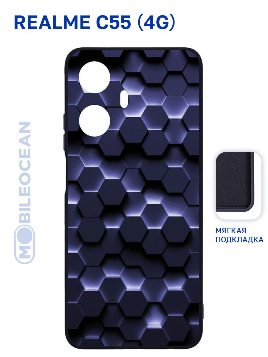 Чехол для Realme C55 4G с рисунком, с защитой камеры, с мягкой подкладкой из микрофибры, противоударный, черный с принтом неоновые соты / Реалми С55