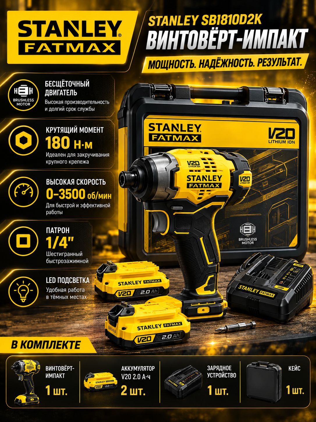 Импакт Stanley SBI810D2K Набор 2 акб, зу, кейс /170 Нм, 2800 об/мин /Импульсный шуруповерт FATMAX1500 об/мин, 50 Нм,