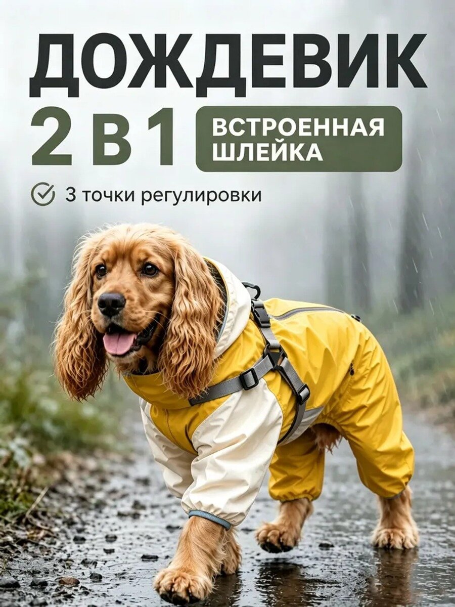 Дождевик для собак 2 в 1 с встроенной шлейкой, желтый, размер XXL