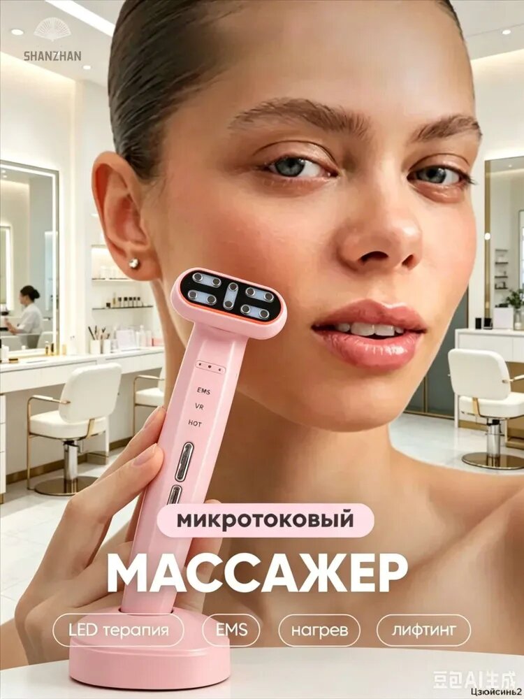Микротоковый массажер для лица с EMS и LED терапией, розовый