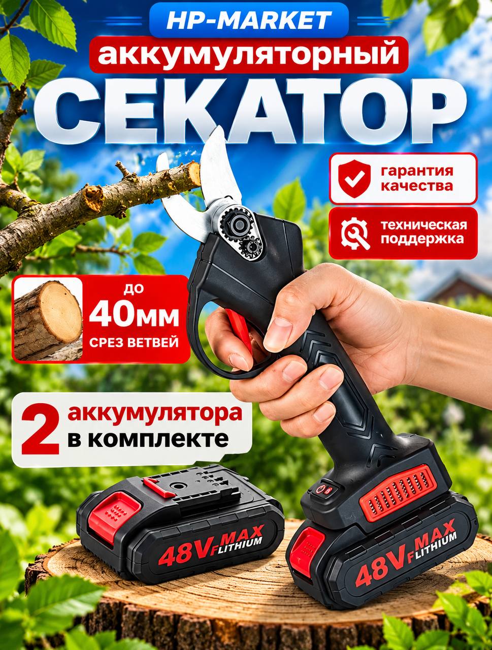 Секатор аккумуляторный садовый с 2 аккумуляторами АКБ, кусторез, сучкорез, черный