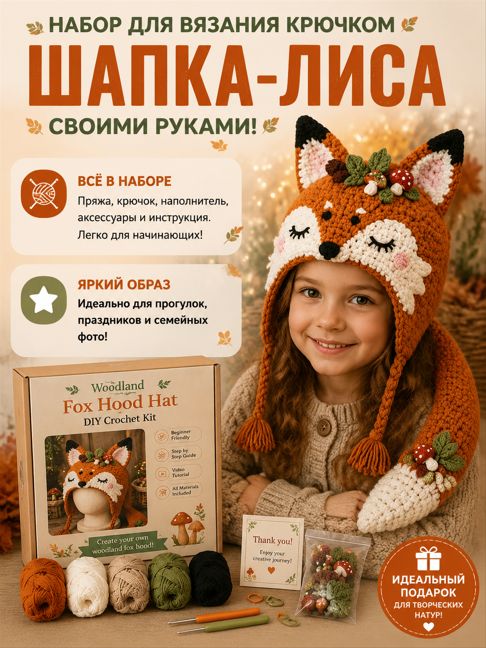 Набор для вязания крючком Шапка-лиса, детская шапка своими руками, рукоделие DIY