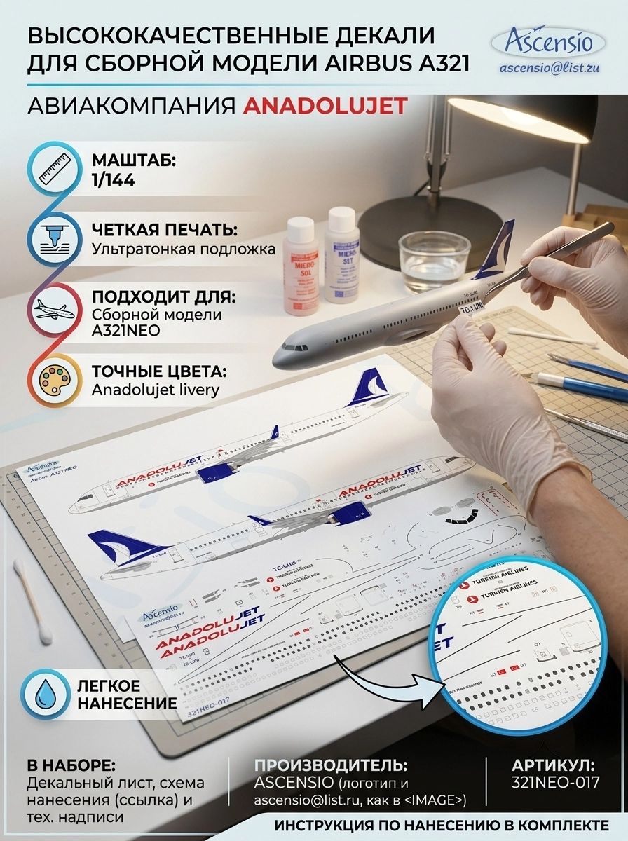 Декаль для сборной модели самолета Airbus A321Neo, авиакомпания Anadolujet, Масштаб 1/144