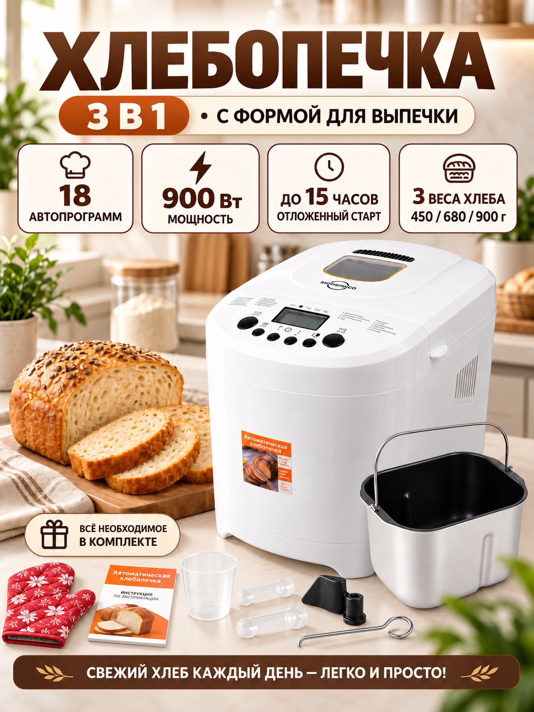MODENGO Хлебопечка C03170 900 Вт, программ 18