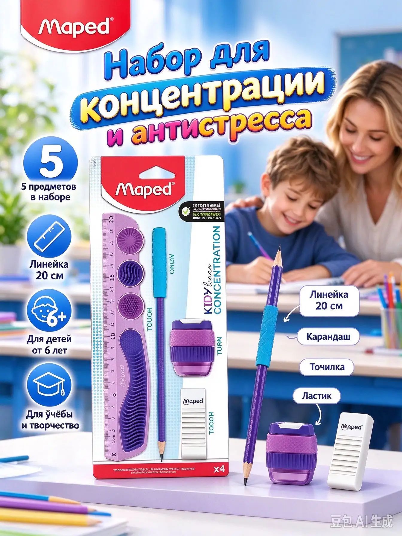 STARLEK Канцелярский набор Maped KIDY Learn Concentration, 5 предметов, сенсорная линейка 20 см, для детей 6+