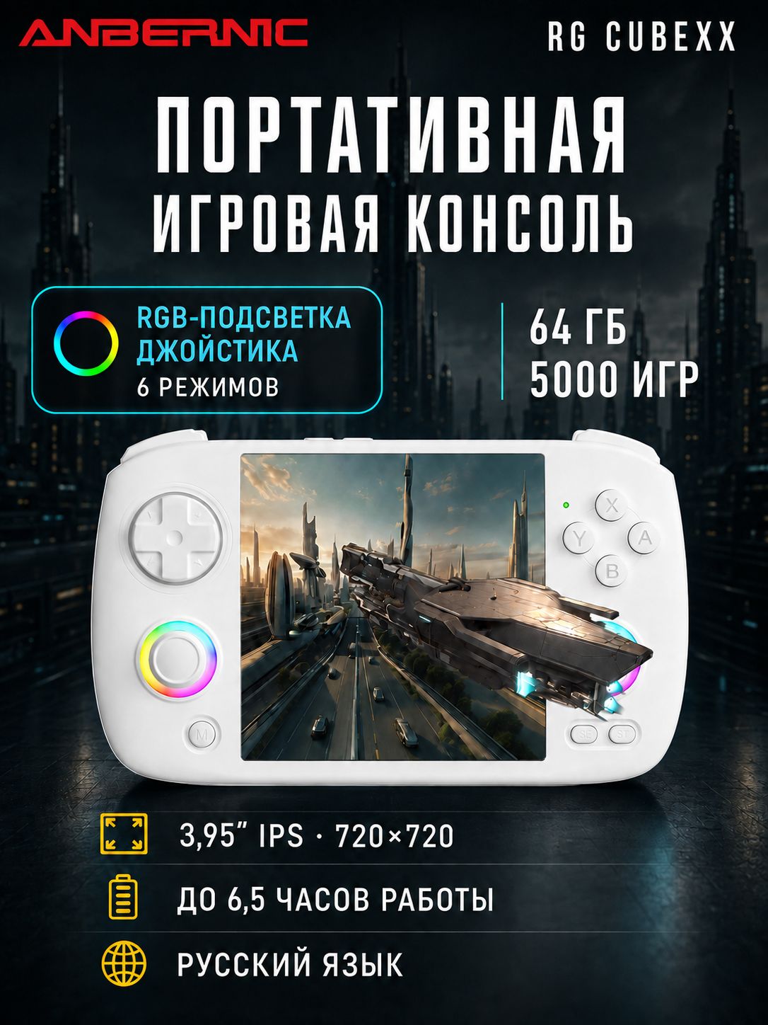 Портативная игровая консоль ANBERNIC RG CubeXX, 64 ГБ, Linux, два аналоговых джойстика, белая