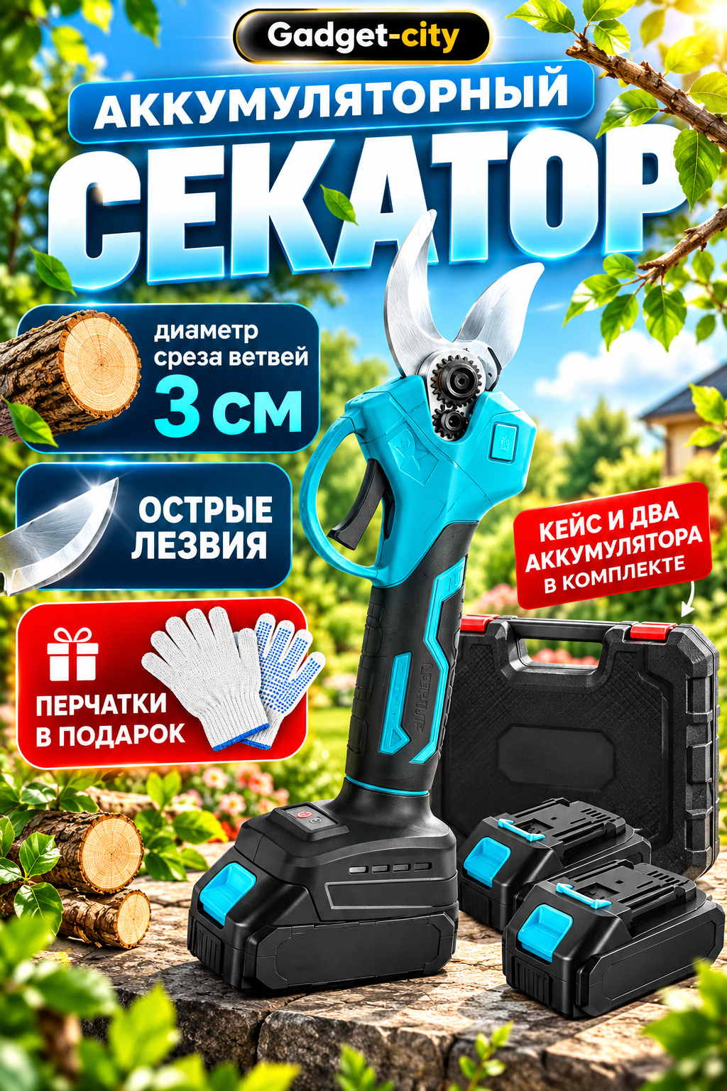 Секатор аккумуляторный, беспроводной электрический электросекатор с двумя аккумуляторами и кейсом