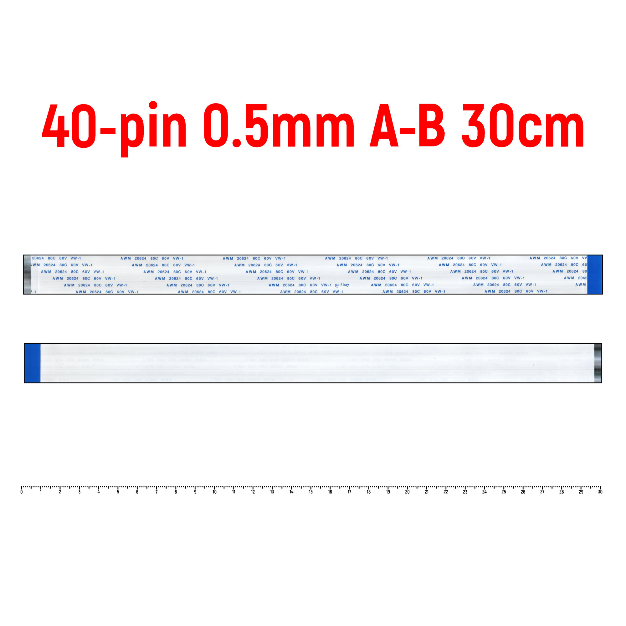 Шлейф FFC 40-pin Шаг 0.5mm Длина 30cm Обратный A-B AWM 20624 80C 60V VW-1