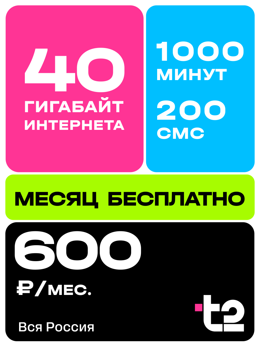 Сим карта теле 2 интернет звонки смс для телефона, роутера, модема с раздачей; Первый месяц в подарок; Симка Т2