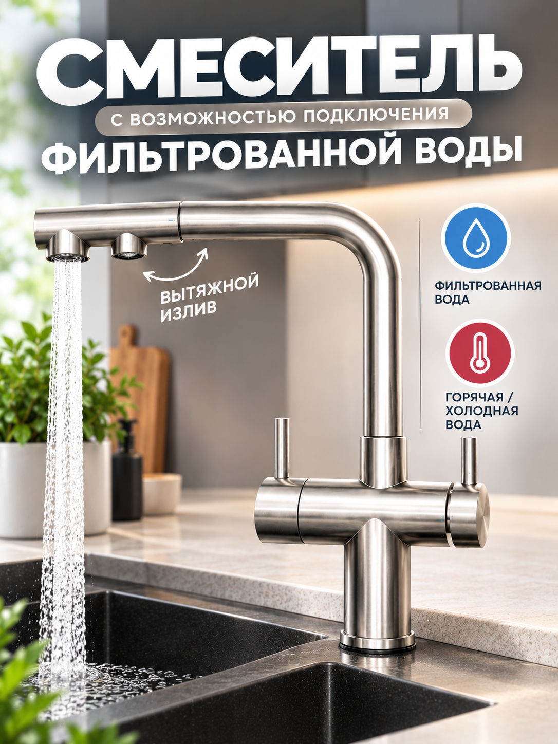 Смеситель с возможностью подключения фильтрованной воды и вытяжным изливом. Никель. Osgard Balans Plus 35973